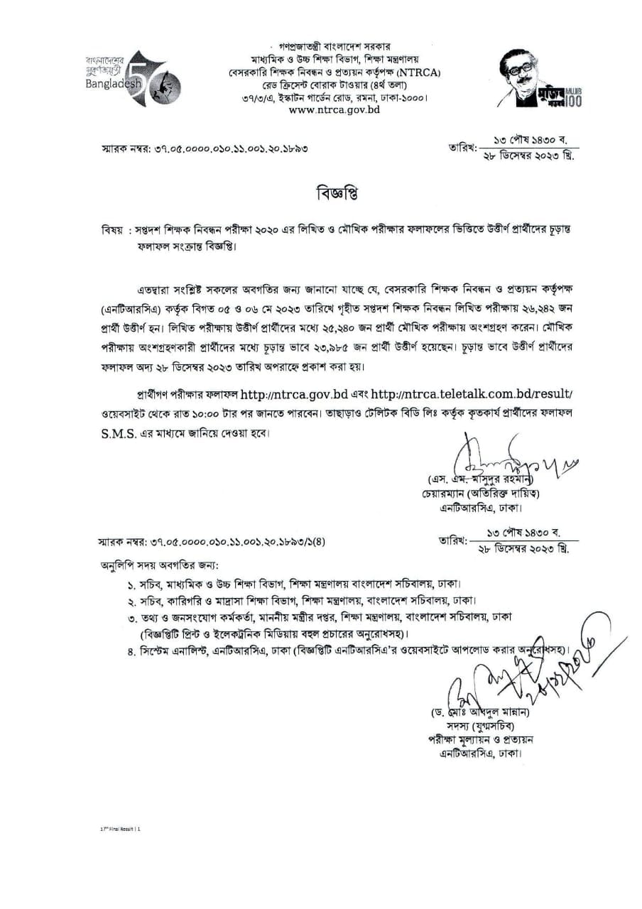 17th NTRCA Final Result 2023 pdf Download | ntrca.gov.bd | Results ...